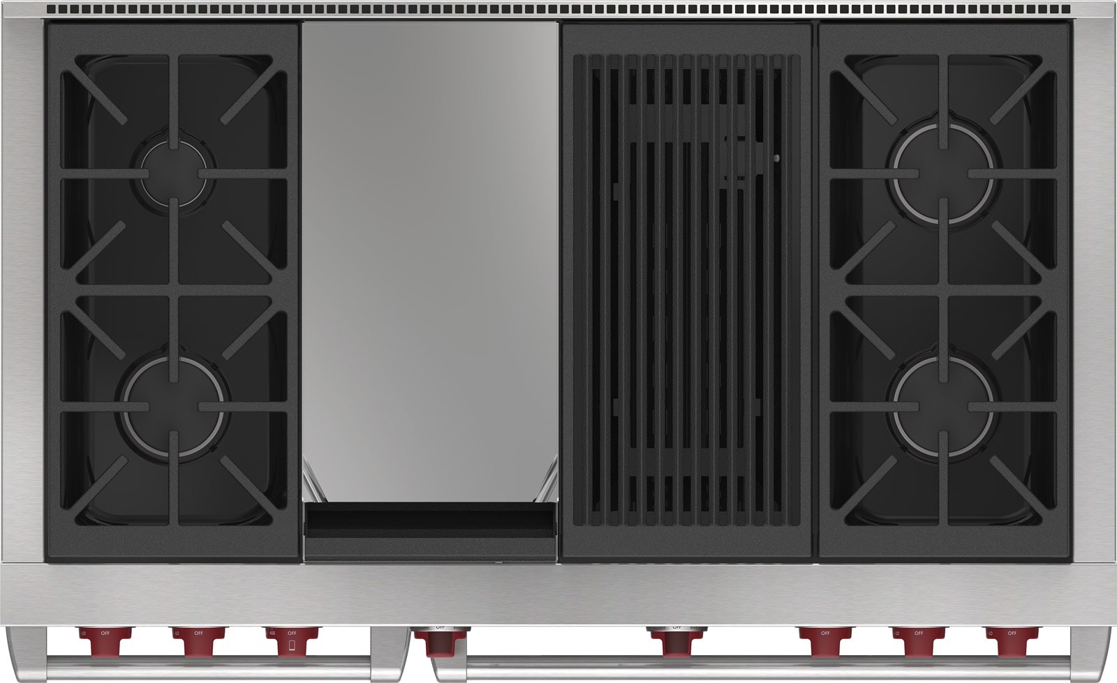Estufa de energía dual de 48” de Wolf con 4 quemadores, asador y comal ...